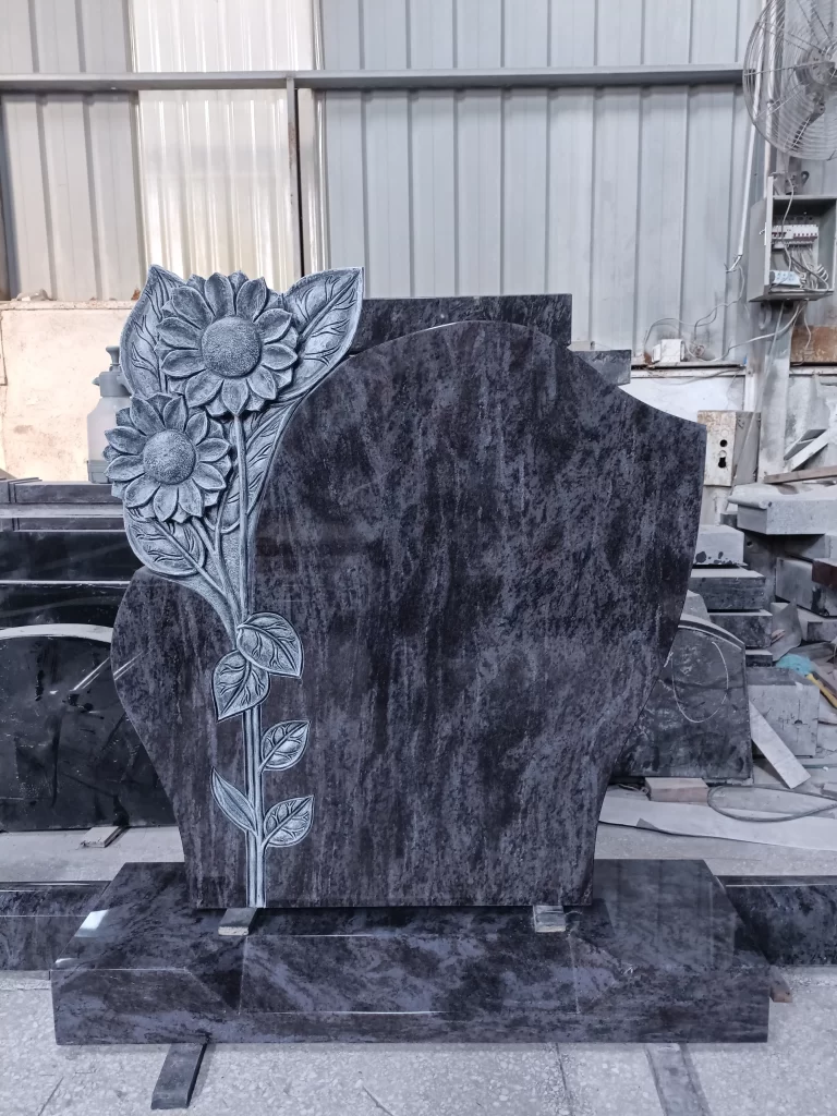 Carved Sunflower Upright Headstone Bahama Blue Ganite Kerb Tombstone ...