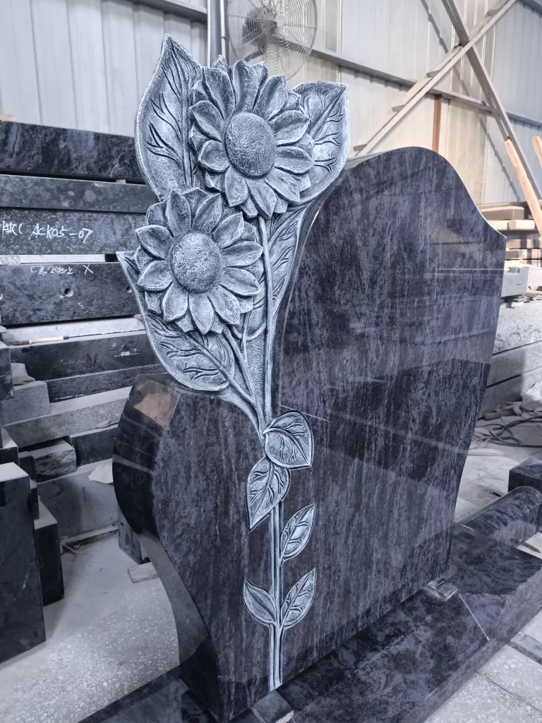Carved Sunflower Upright Headstone Bahama Blue Ganite Kerb Tombstone ...