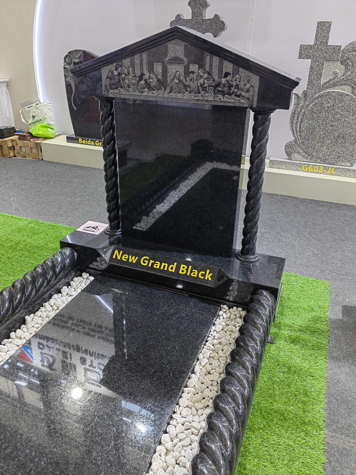 New Grand Black Granite Headstone Temple Style Engraved Monument ...